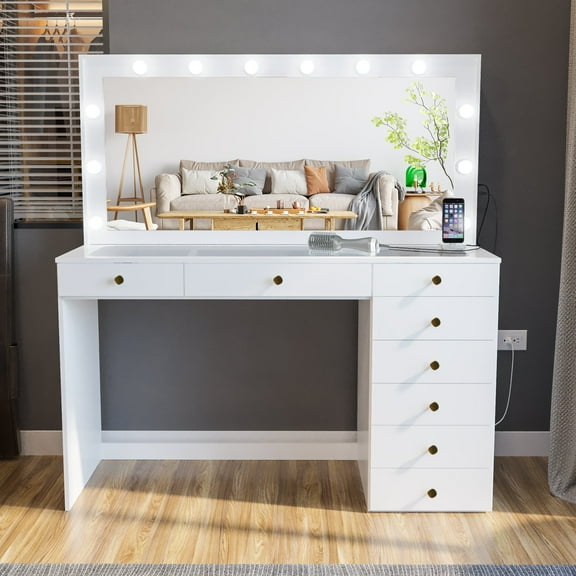 Ember Interiors Ibbie Modern Vanity Table - Lighted Mirror, 11 Drawers ...