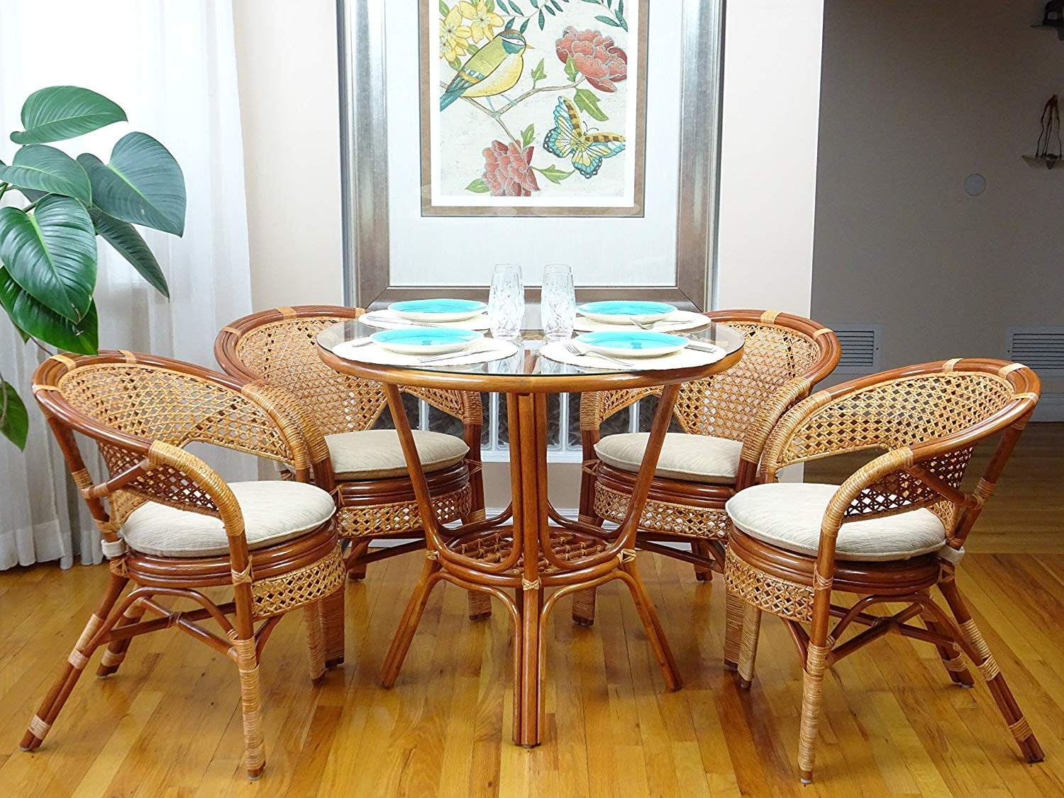 5-Pcs Pelangi Rattan Wicker Dining Set of Round Table with Glass Top ...