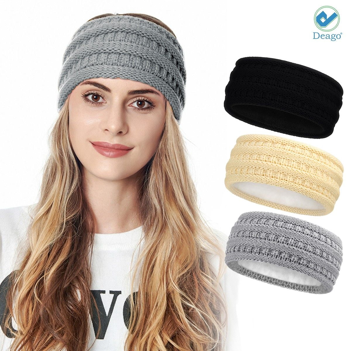 Deago Women Winter Warm Headband Fuzzy Fleece Lined Thick Cable Knit ...