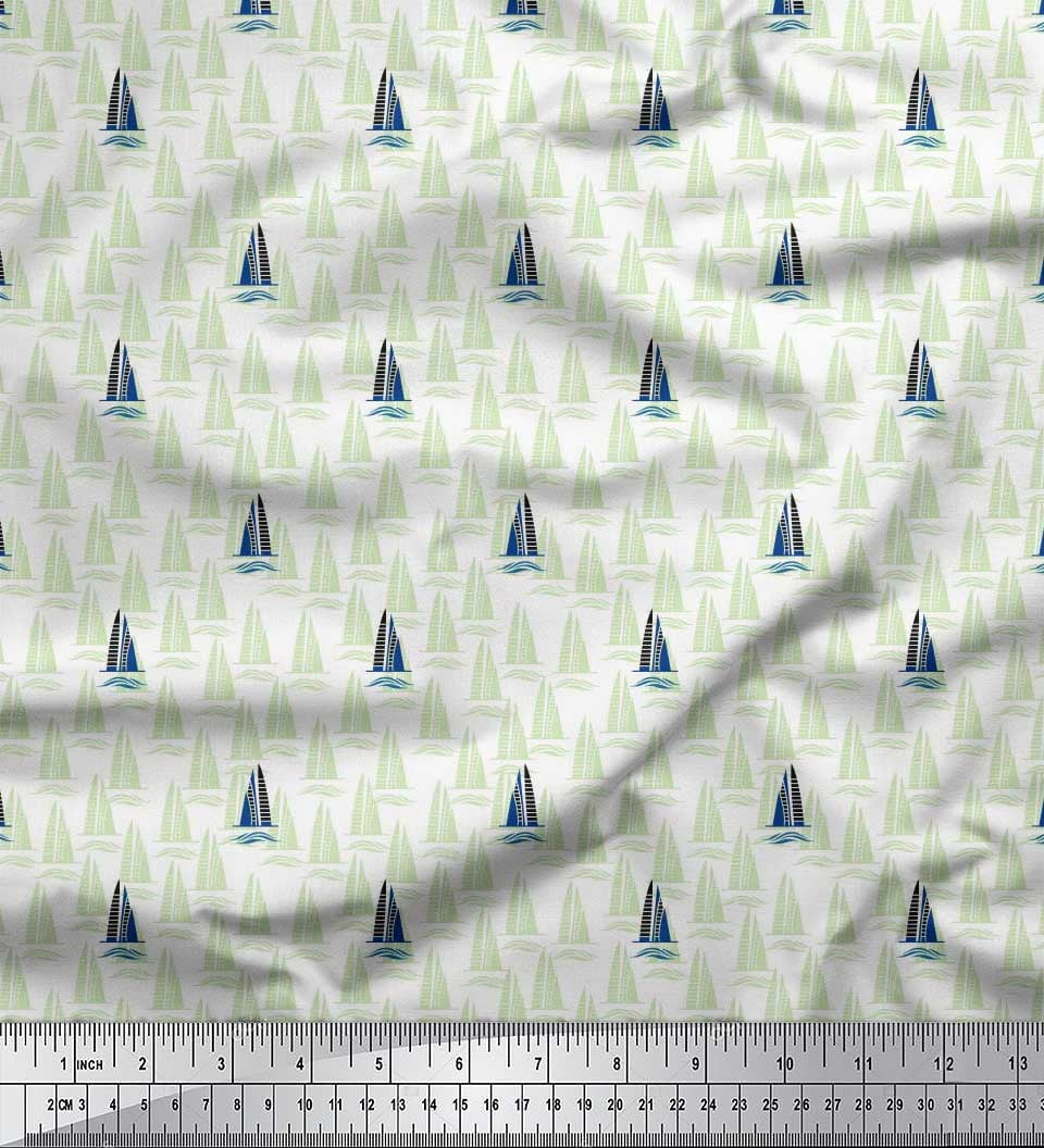 Soimoi Green Satin Silk Fabric Yacht & Waves Nautical Print Fabric by ...