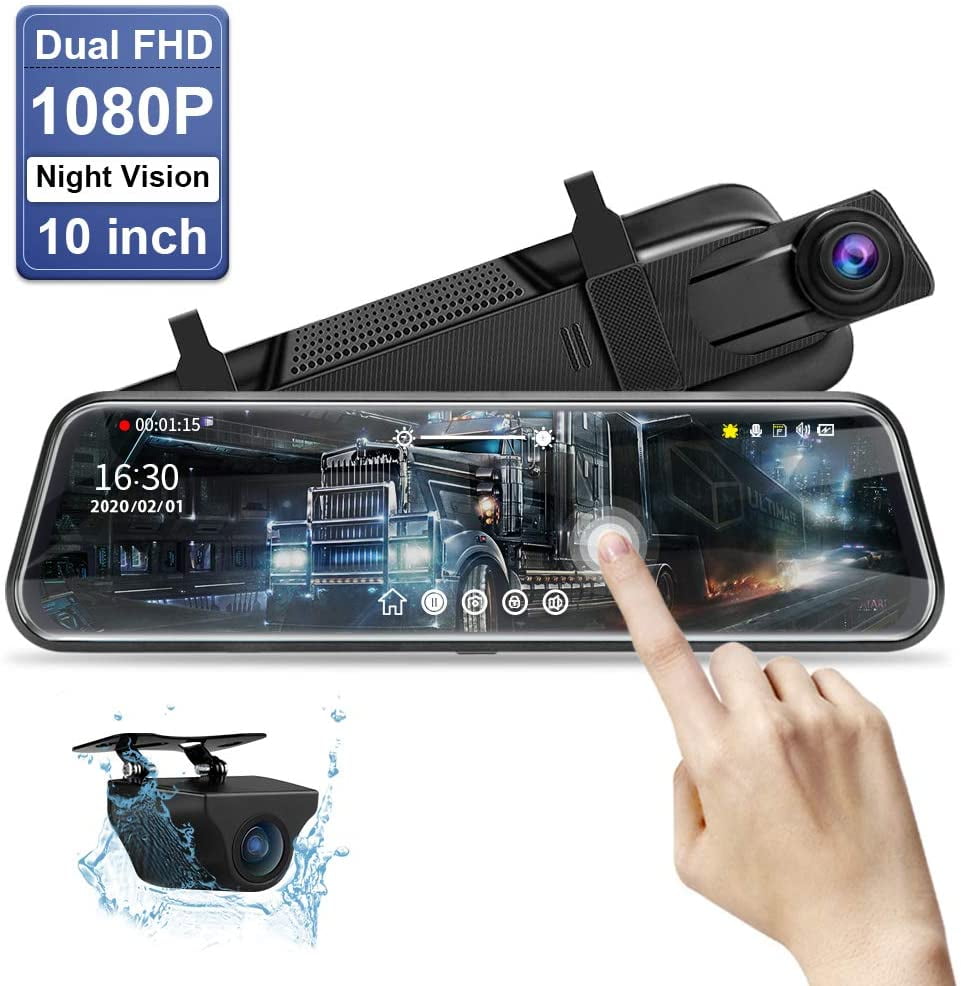 10'' Mirror Dash Cam Night Vision 1080P FHD Full Touch Screen Front and ...