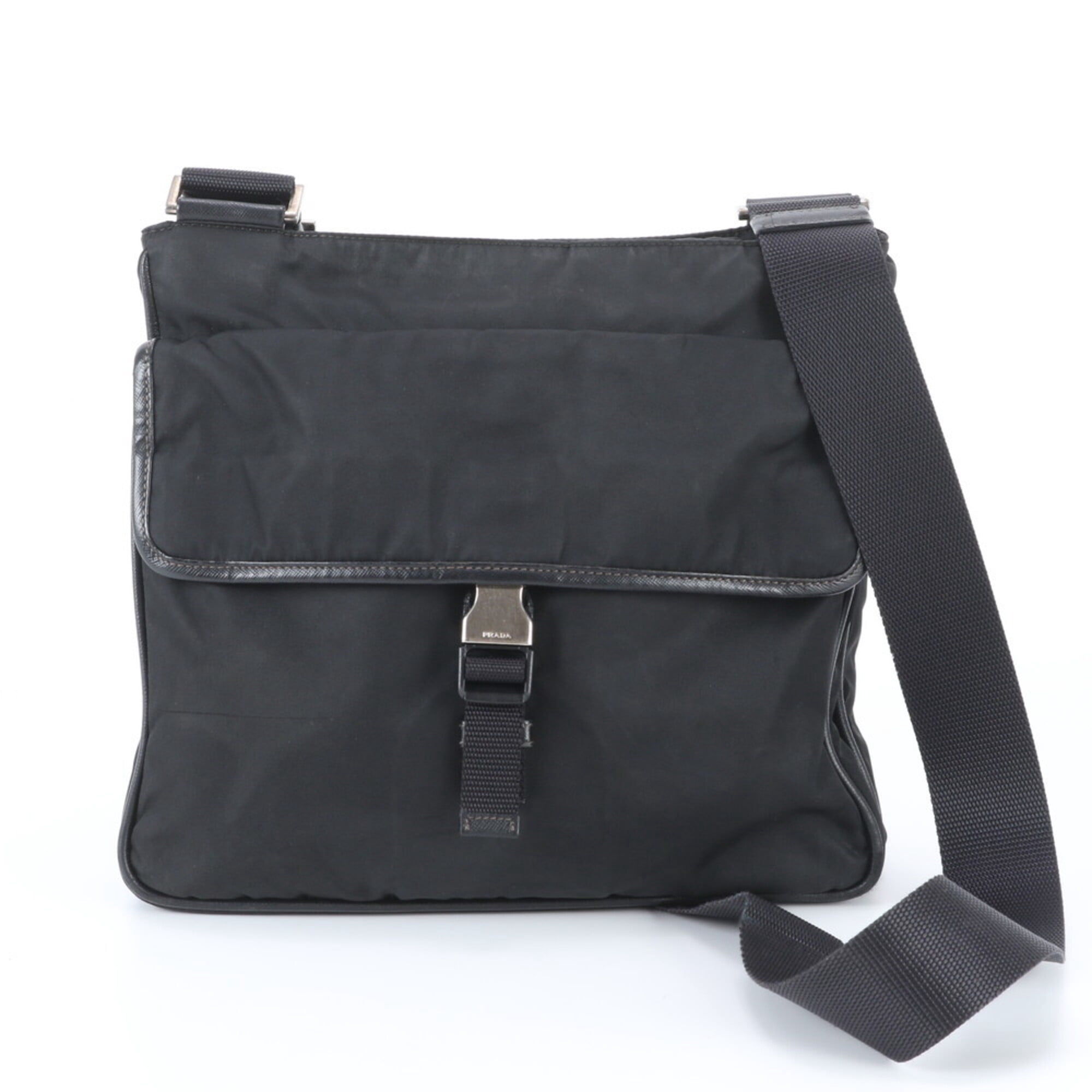 Pre-Owned Prada Tessuto Nylon Triangle Logo Leather Shoulder Bag ...