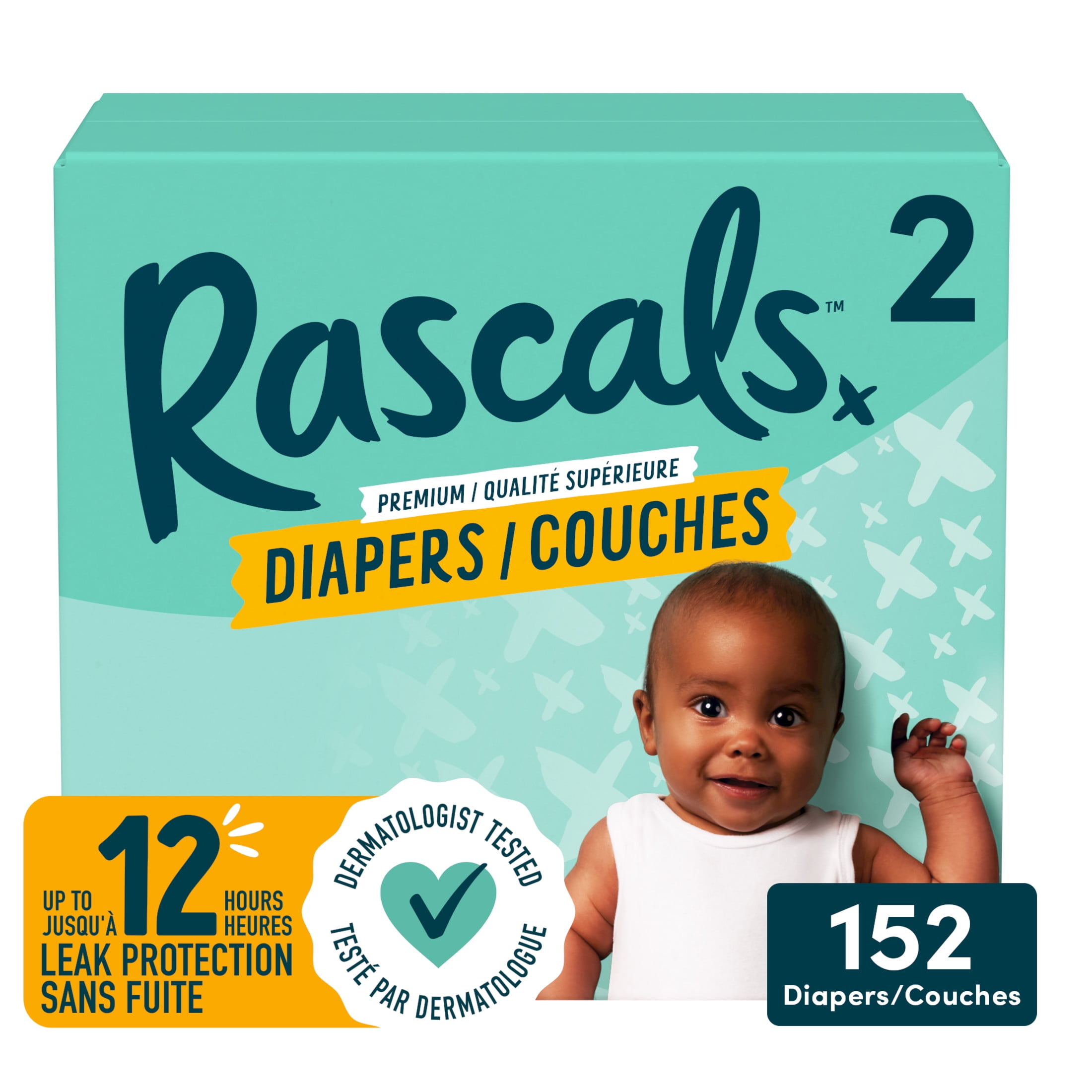 Rascals Premium Absorbent Baby Diapers, Size 2, Carton, 152 Count ...
