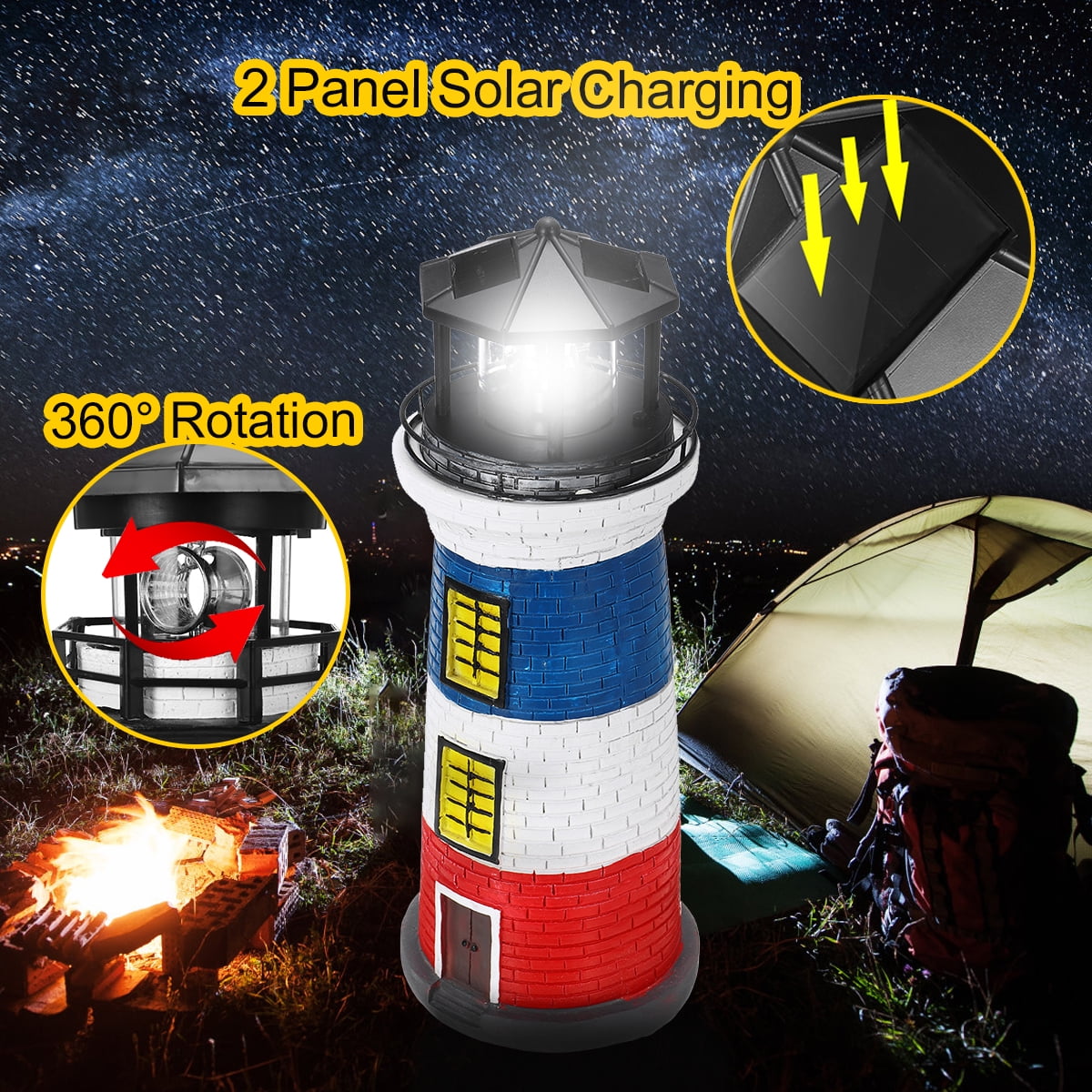 2 Solar Panel Lighthouse LED Light Garden Leuchtturm Beacon Lamp Home ...