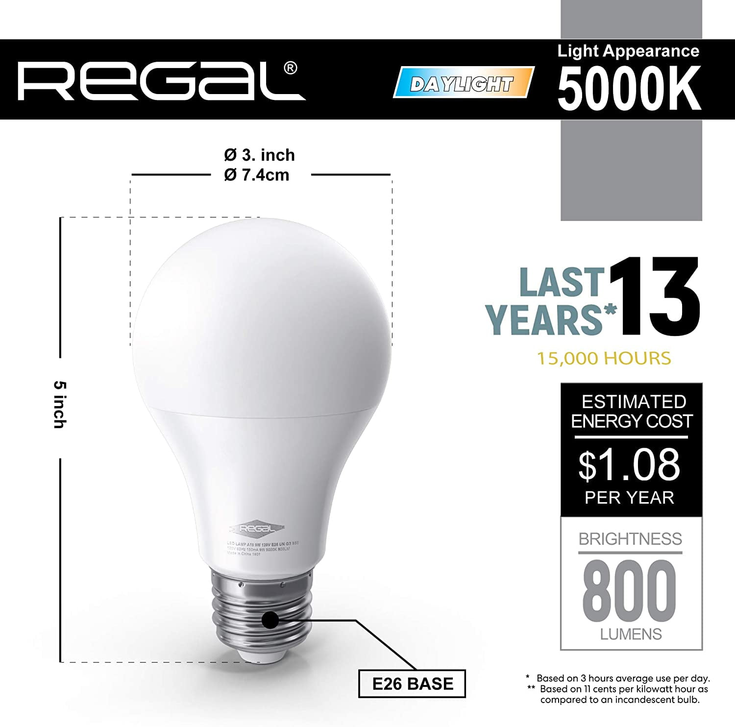 Buy Regal LED A19 Light Bulb 5000K Daylight 800-Lumen, 9-Watt (60-Watt ...
