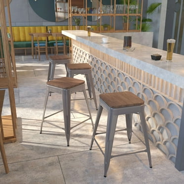 BizChair 18" Backless Table Height Stool with Wooden Seat, Stackable ...