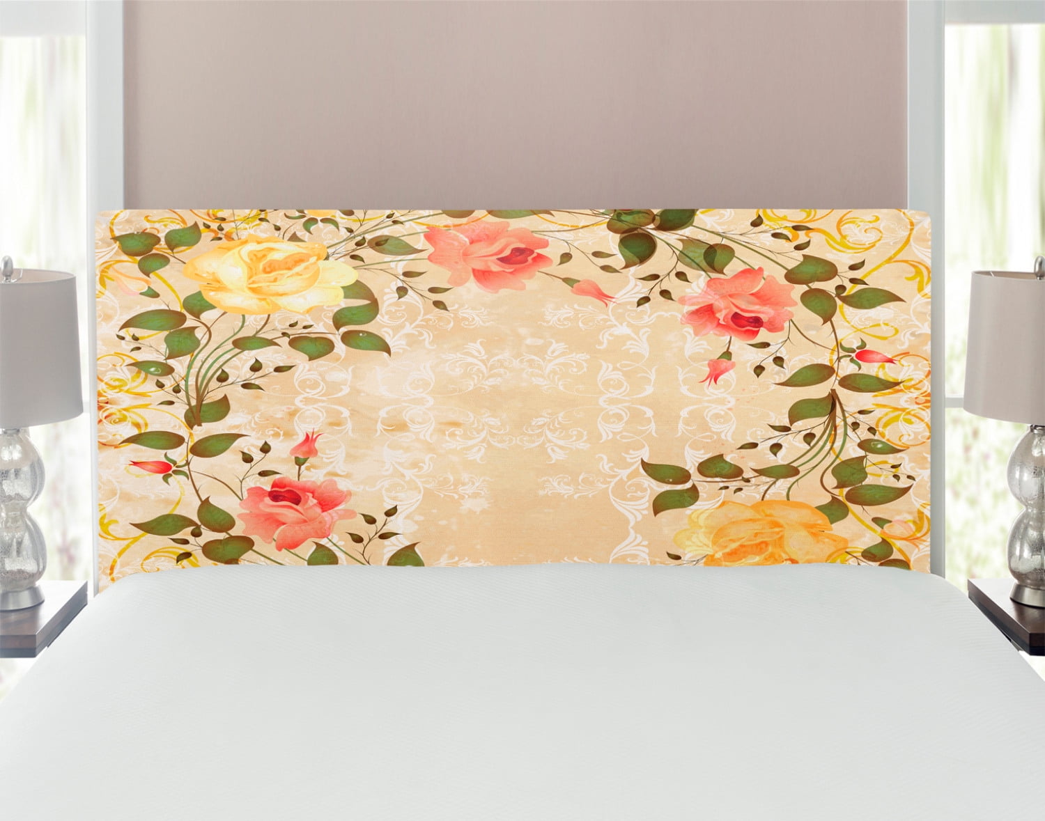 Vintage Headboard, Oval Shape Floral Crown Leaves and Roses over Damask ...