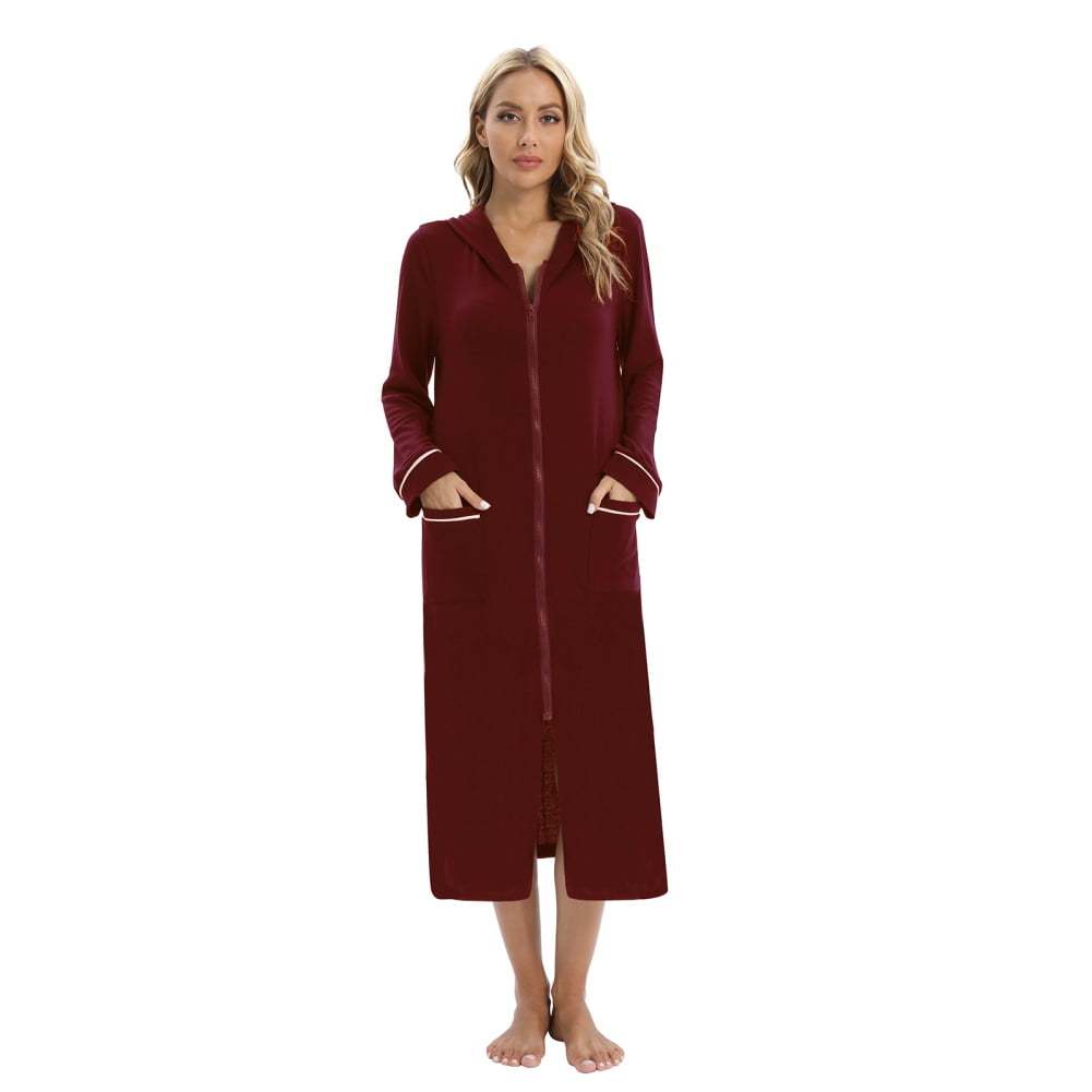 WBQ Zipper Front Robes Women House Coat Long Sleeve Loungewear Long ...