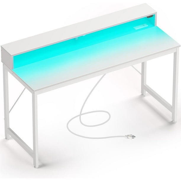 Computer Desk 55" with LED Lights & Power Outlets, Home Office Desk ...