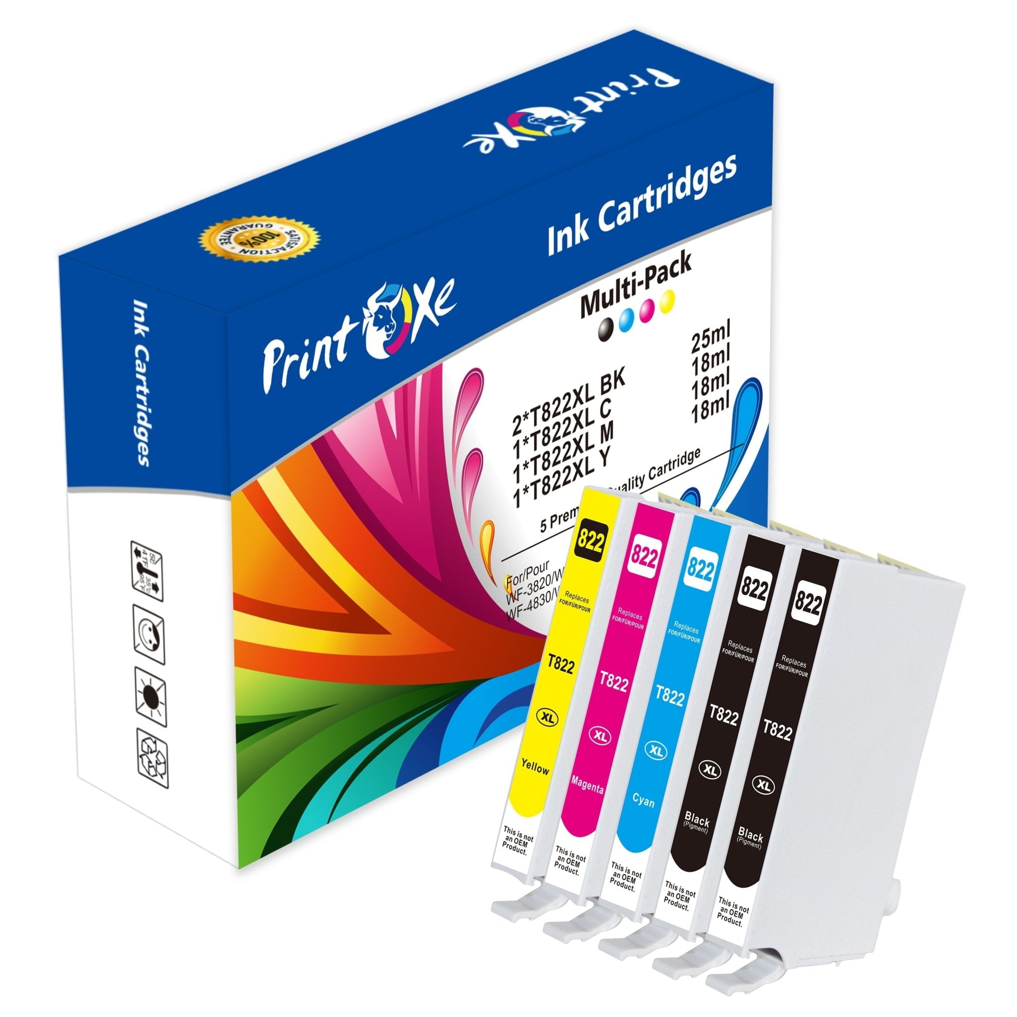 T822 XL Reman High Yield 5 Ink Cartridges 822XL Set Plus Black Ink ...