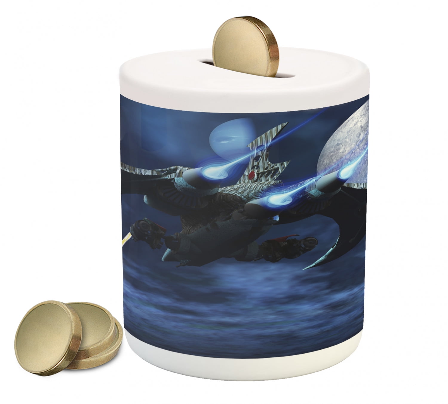 Galaxy Piggy Bank, Spaceship Blasts a Laser Beam an Enemy Alien Ship ...