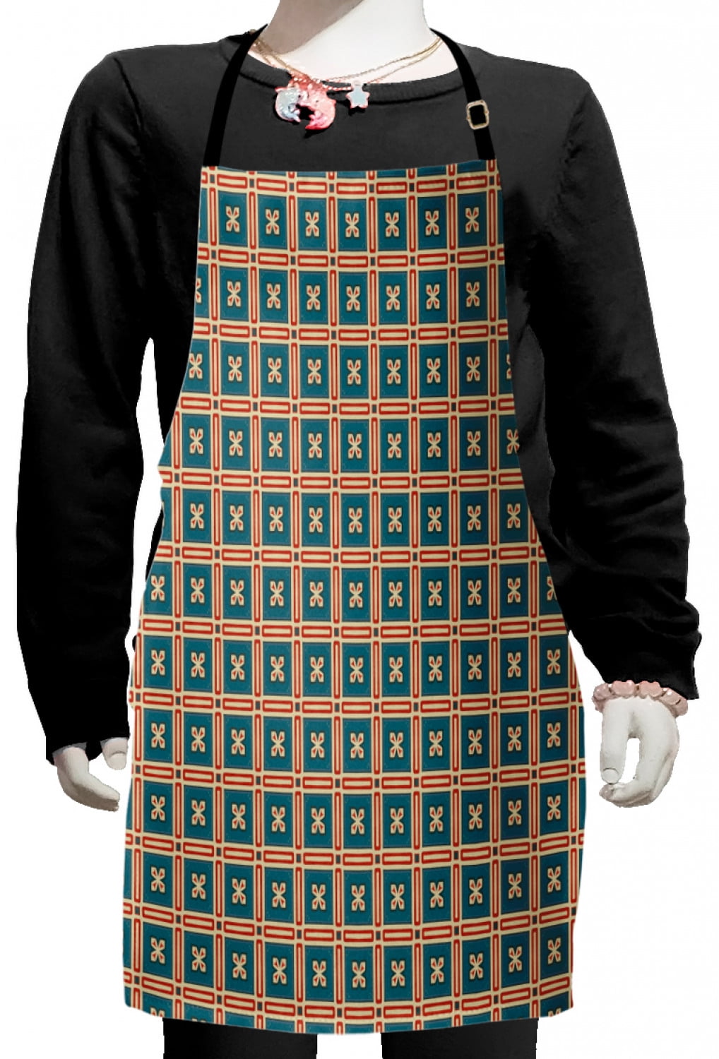 Abstract Kids Apron, Retro Mosaic Tile Design Square Shapes with Floral ...