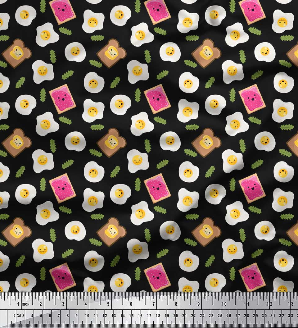 Soimoi Black Heavy Canvas Fabric Omlet & Bread Slice Food Print Fabric ...