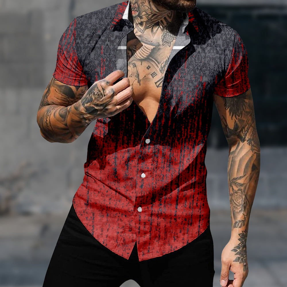 Red gradient summer digital print with pocket lapel full open button ...