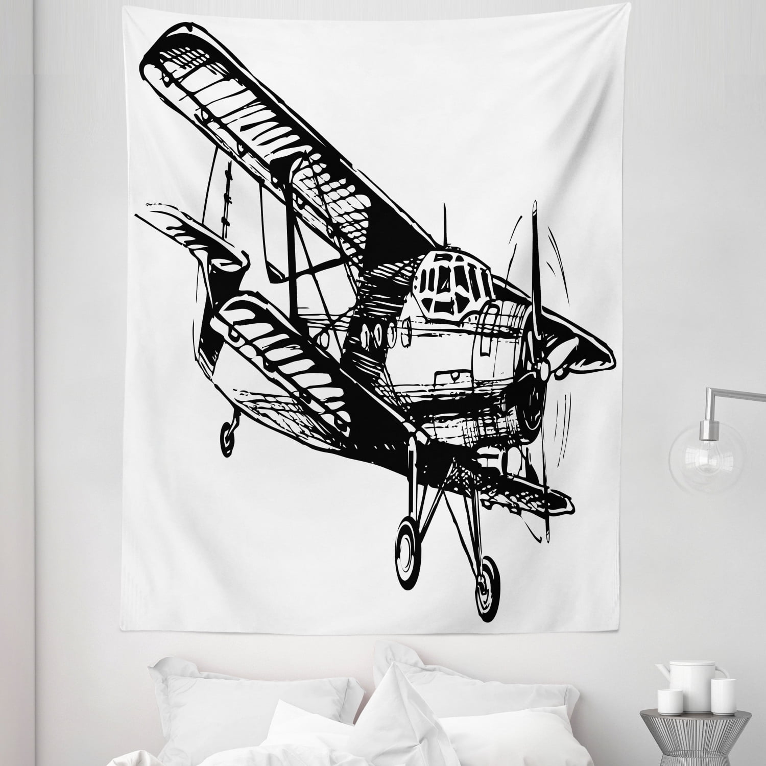 Vintage Airplane Tapestry, Drawing of a Monoplane Sketchy Monochrome ...