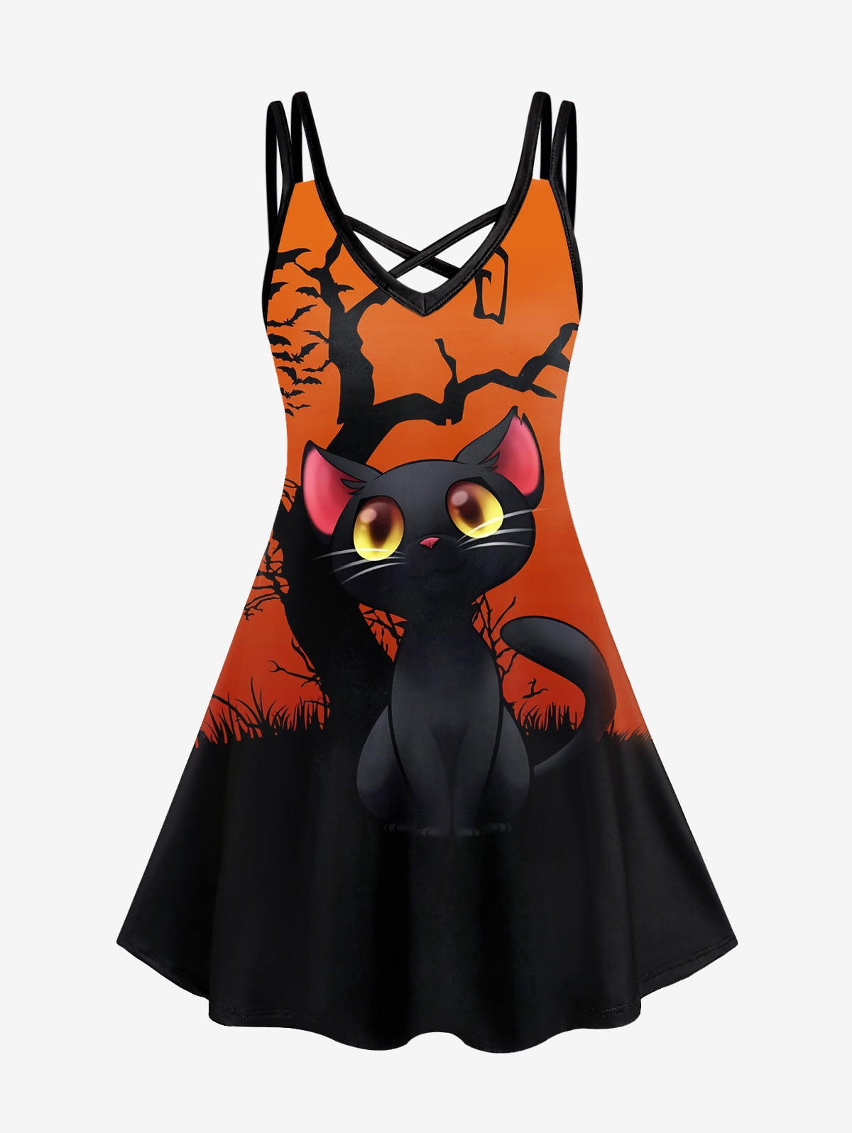 Rosegal Women's Plus Size Halloween Cat Tree Print Crisscross Dress ...