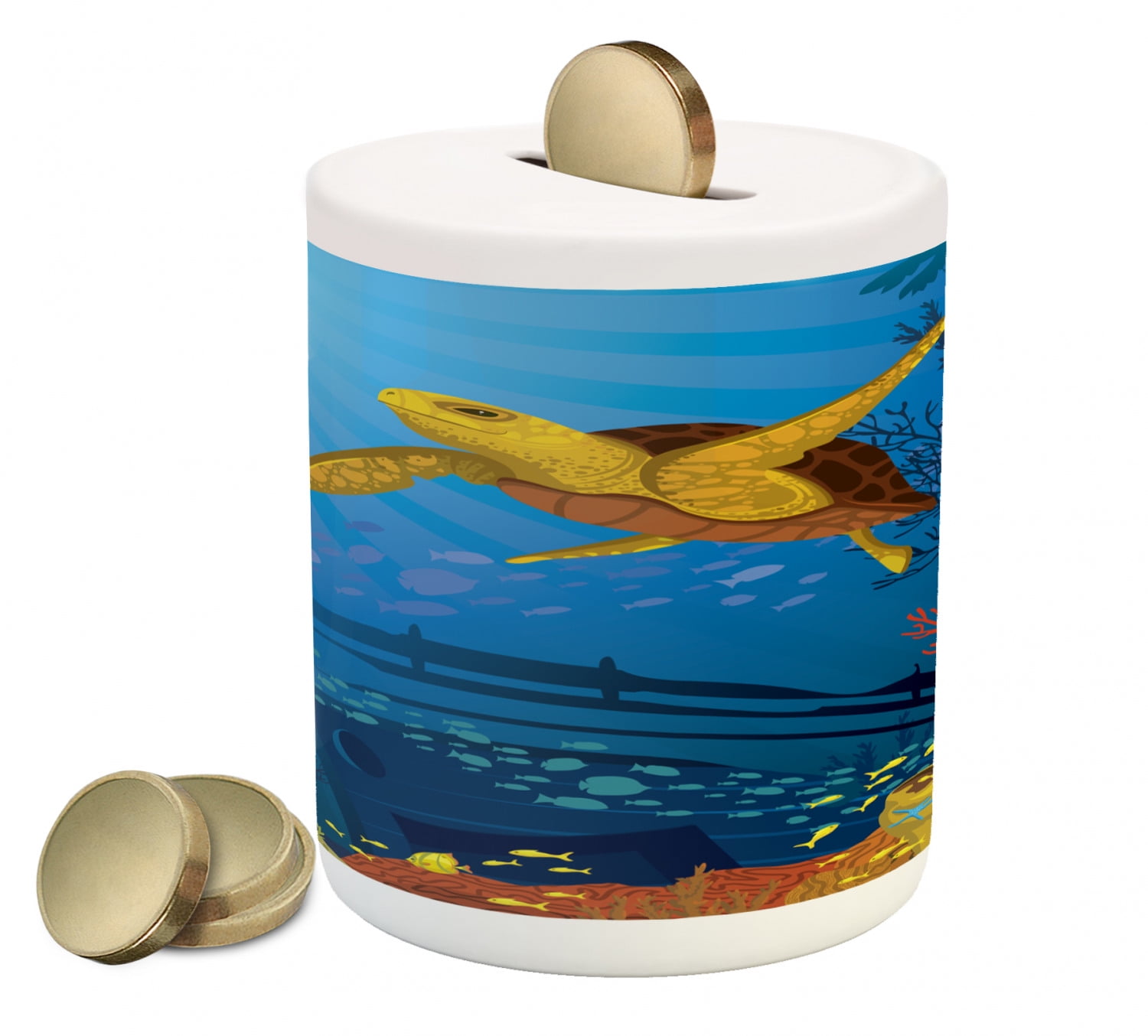 Ocean Piggy Bank, Colored Coral Reef with Silhouette Fish and Turtle ...