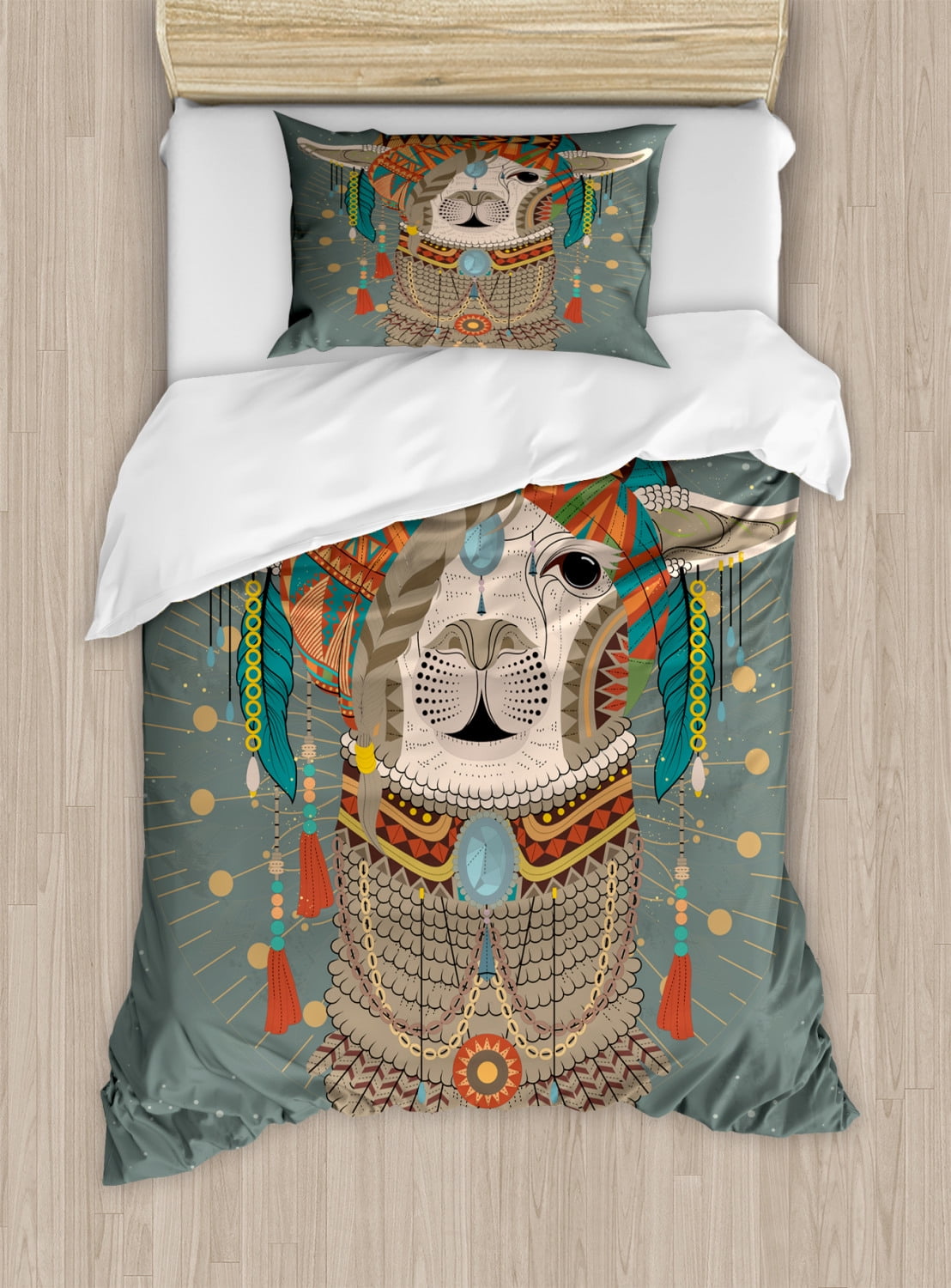 Llama Duvet Cover Set Twin Size, Colorful Headwear Wearing Llama with ...