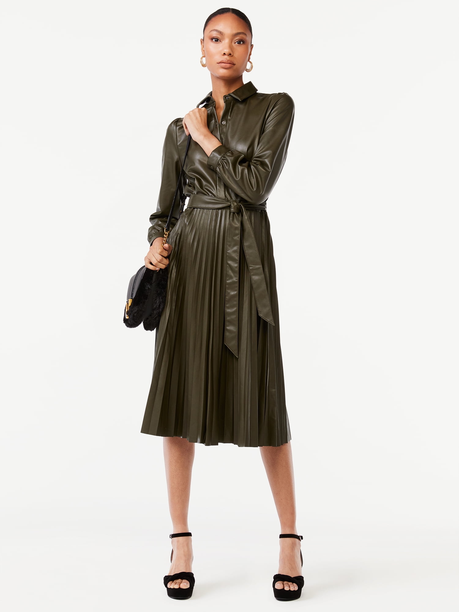 Scoop Women's Faux Leather Pleated Shirtdress - Walmart.com Scoop Women's Faux Leather Pleated Shirtdress - Walmart.com