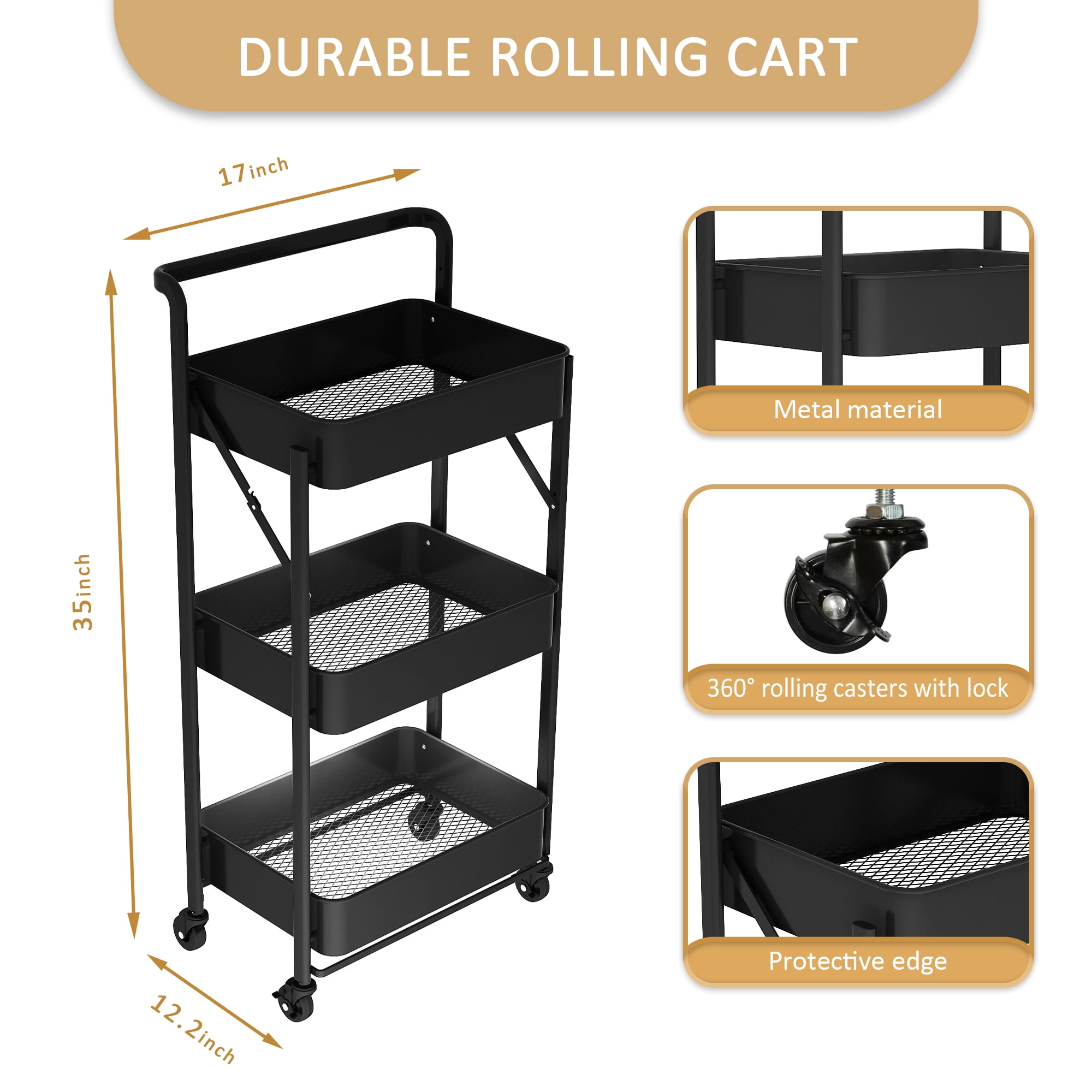 Buy ACEUR 3 Tier Foldable Organizer Cart with Wheels,Multifunctional ...