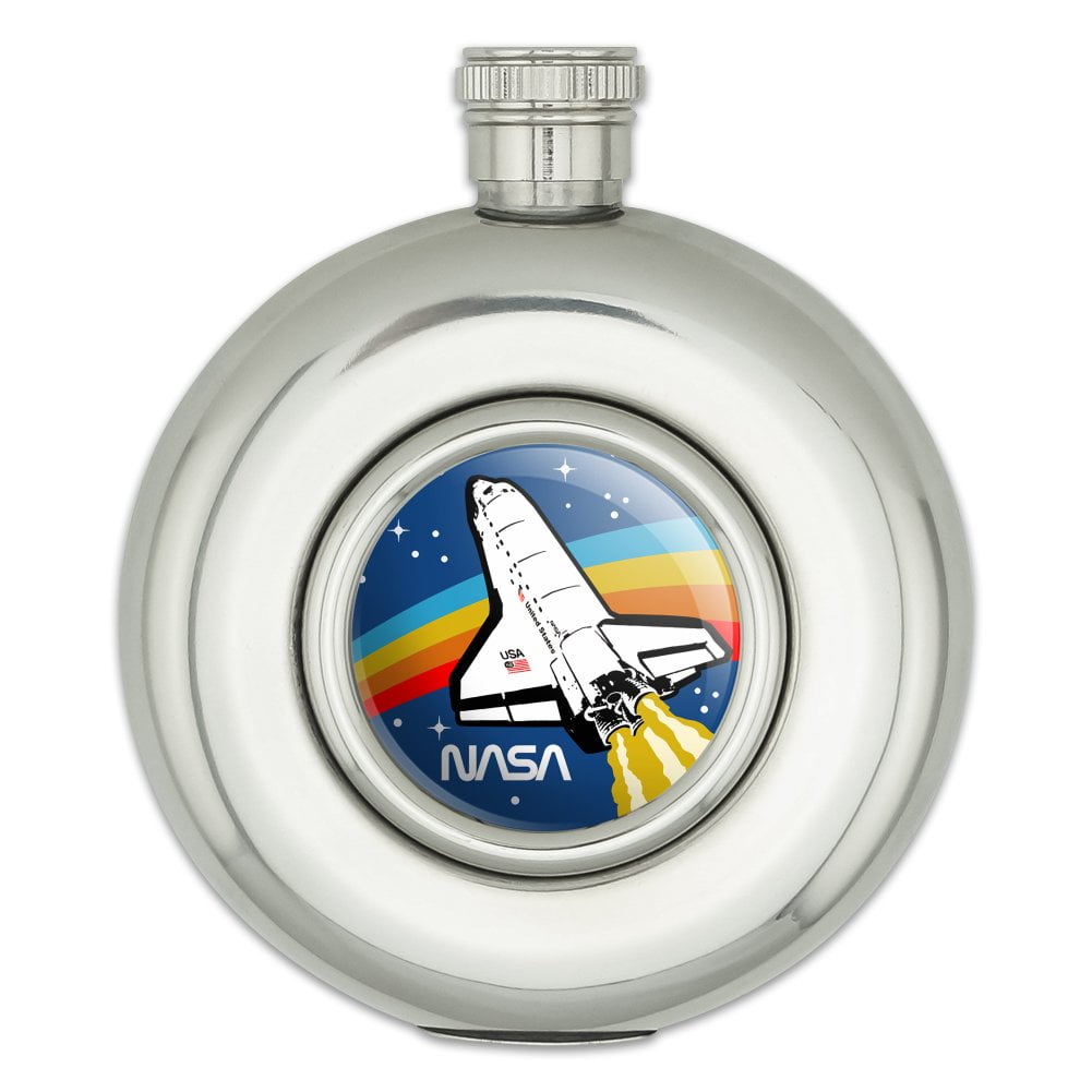 NASA Logo Over Space Shuttle with Rainbow Round Stainless Steel 5oz Hip ...