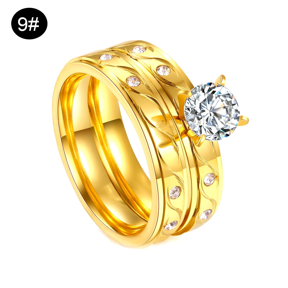 AIHOME 2pcs Stainless steel ring set with round large zircon set ring ...