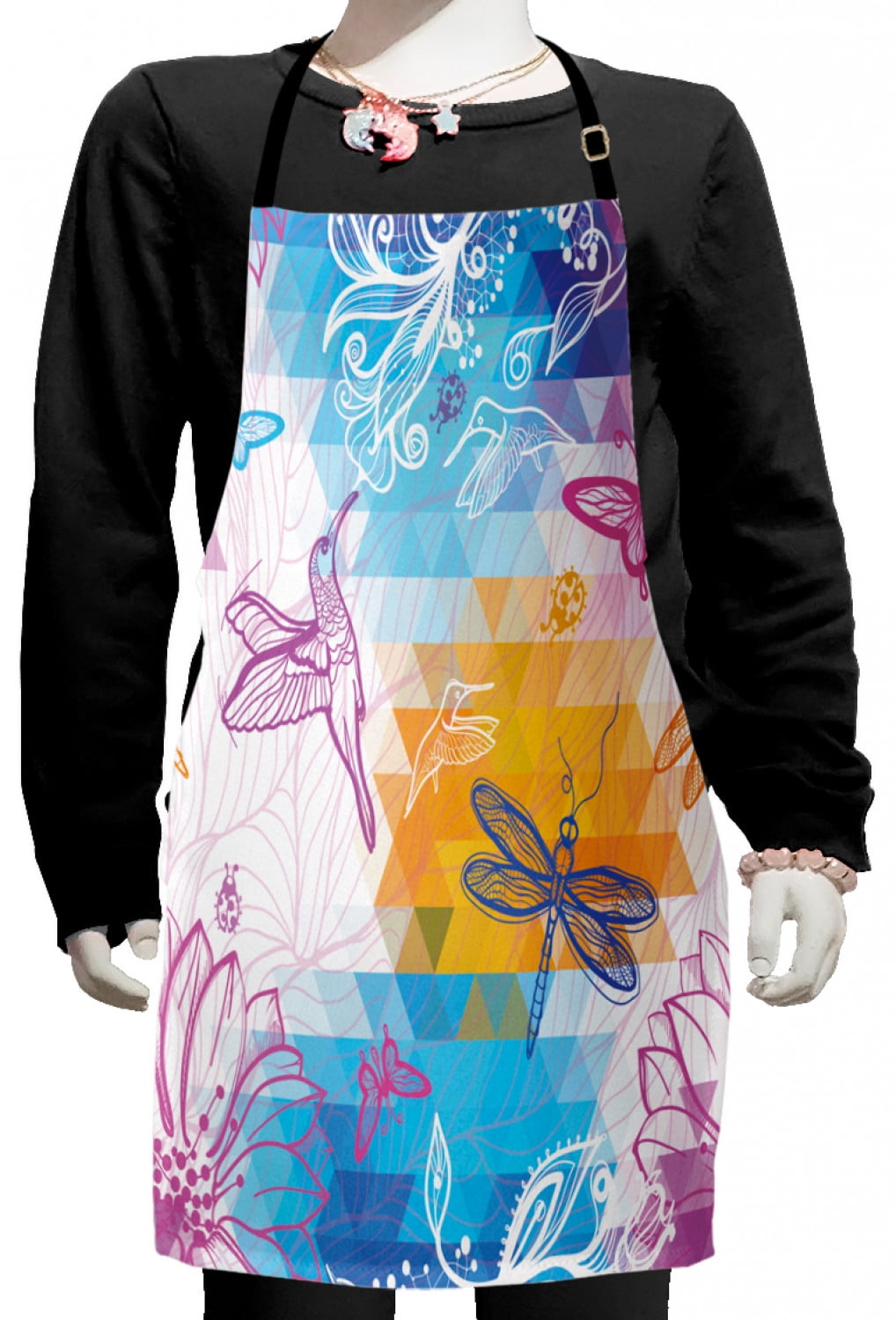 Dragonfly Kids Apron, Beetle Dragonfly Bird Shapes over Geometrical ...