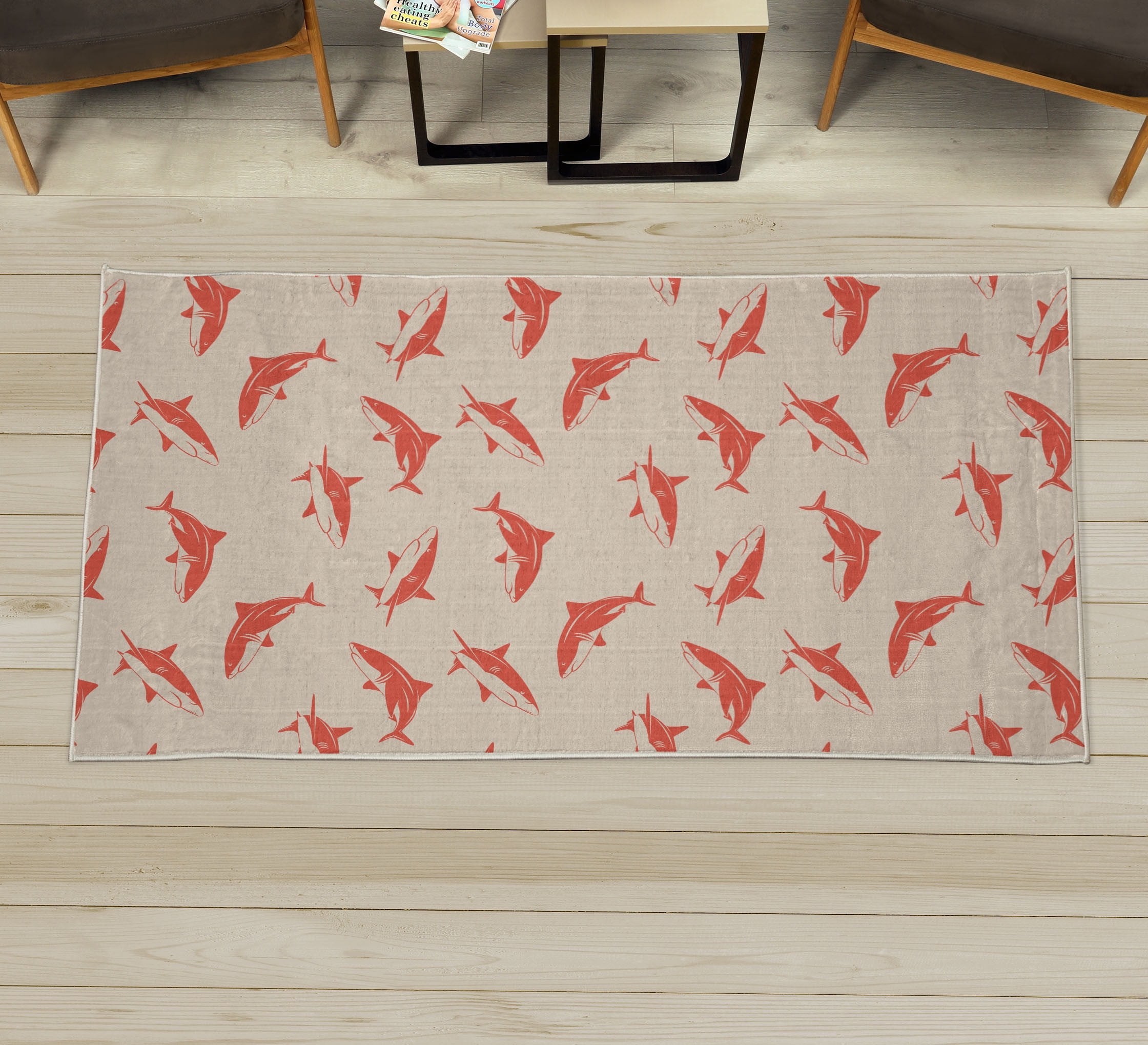 Sea Animals Decorative Rug, Repeated Cartoon Sharks Swimming to ...