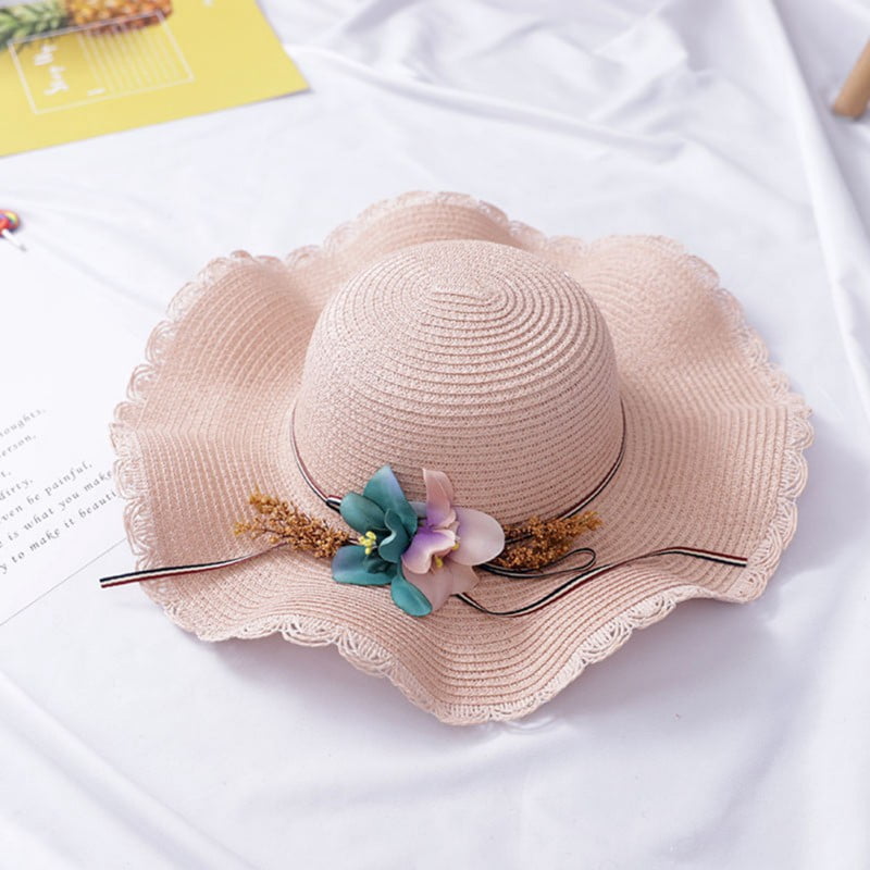 Eleanos Summer Girls Straw Wide Brim Sun Hats Kids Floral Beach Flat ...