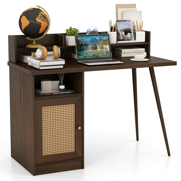 Costway 48" Computer Desk with Hutch Mid Century Workstation PE Rattan ...