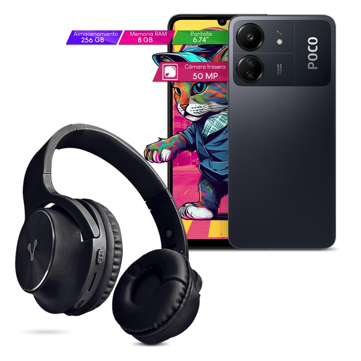 Combo Celular Xiaomi Poco C65 Mediatek Helio-G85 8GB 256GB HD Negro + Audifonos Bluetooth ...