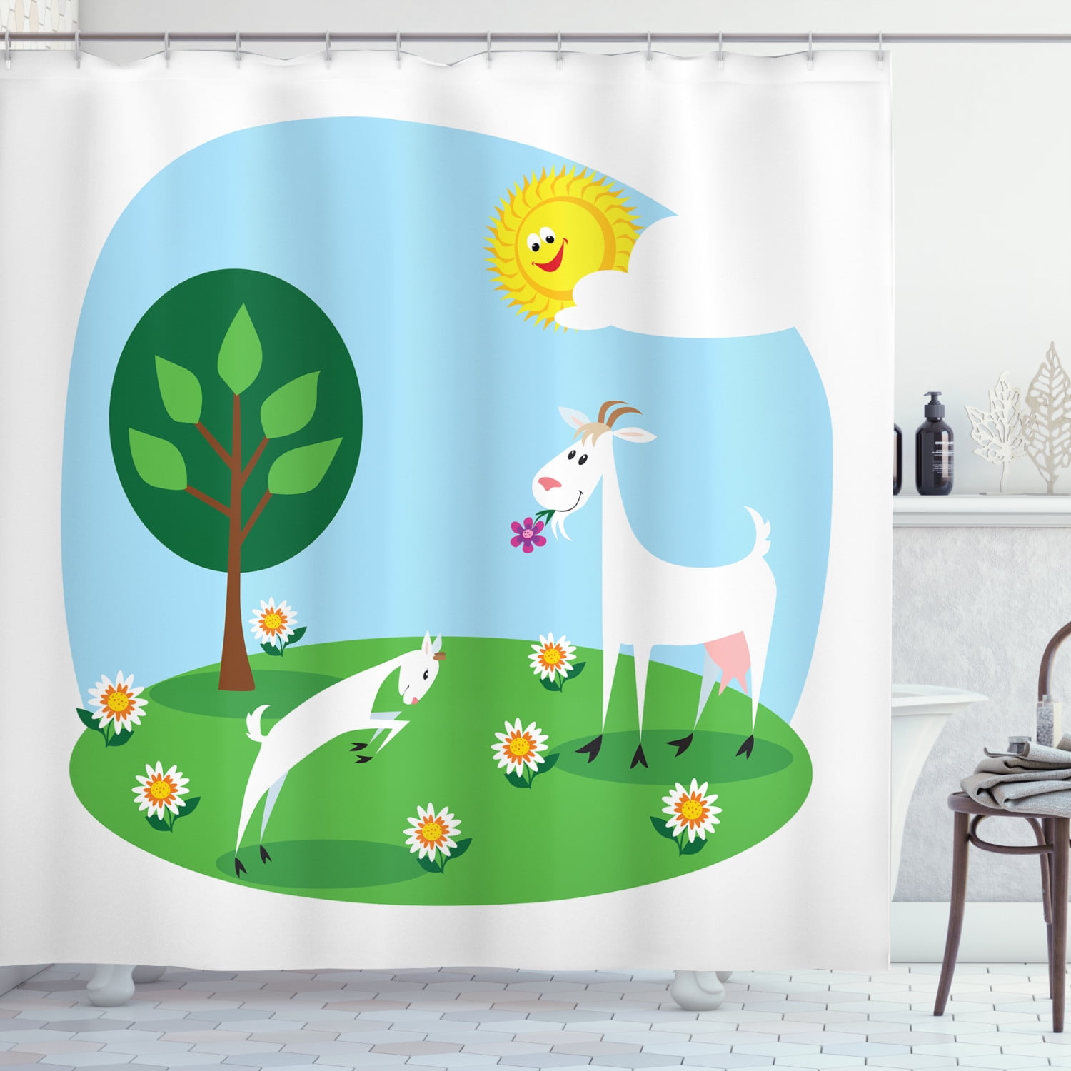 Ambesonne Goat Shower Curtain, Goat Playing Meadow, 69"Wx84"L ...