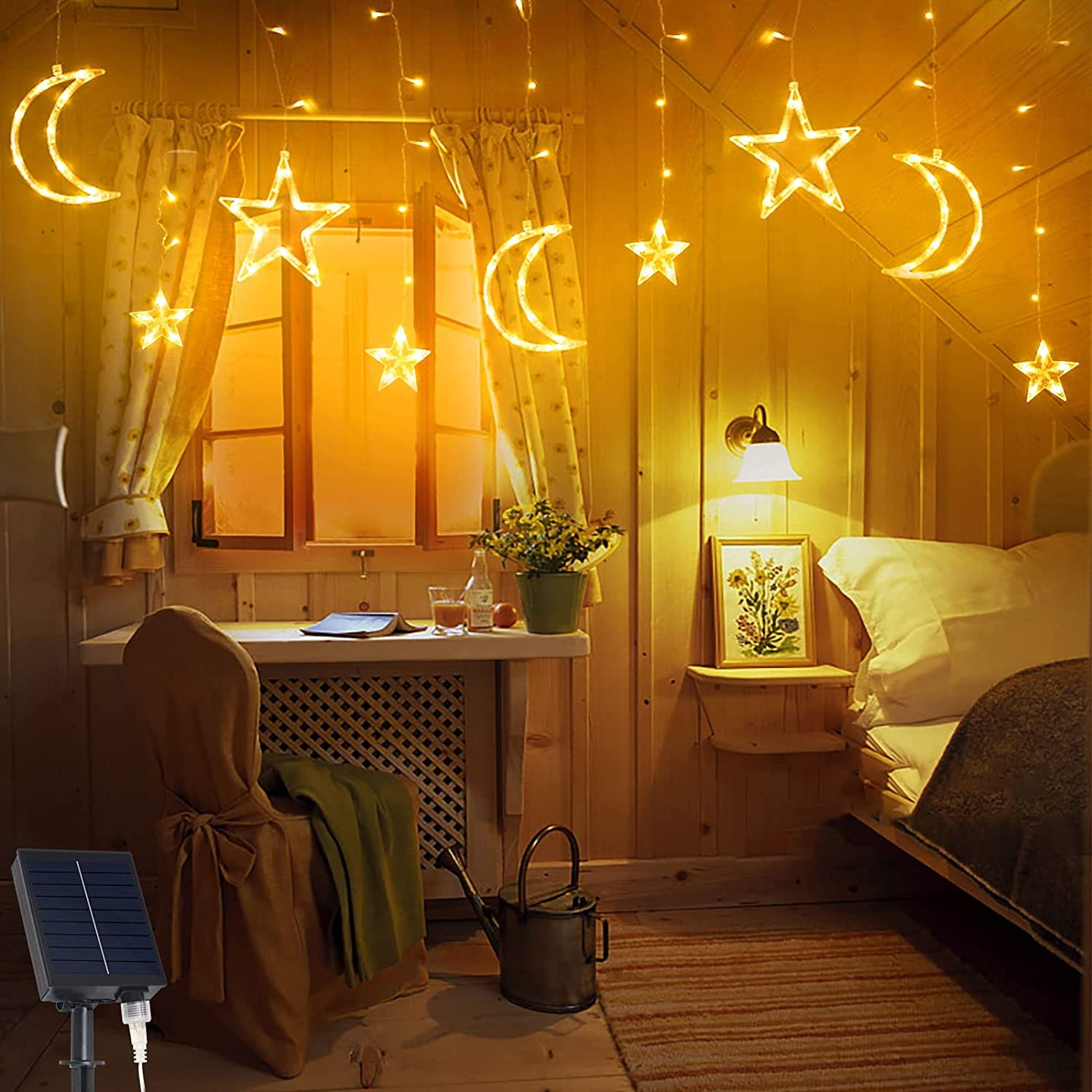 Solar Star Moon String Lights, 11.5 FT 138 LEDs with 8 Lighting Modes ...