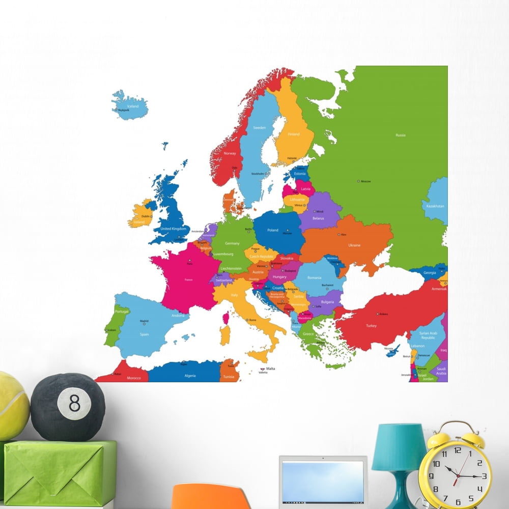 Colorful Europe Map with Wall Mural by Wallmonkeys Peel and Stick ...