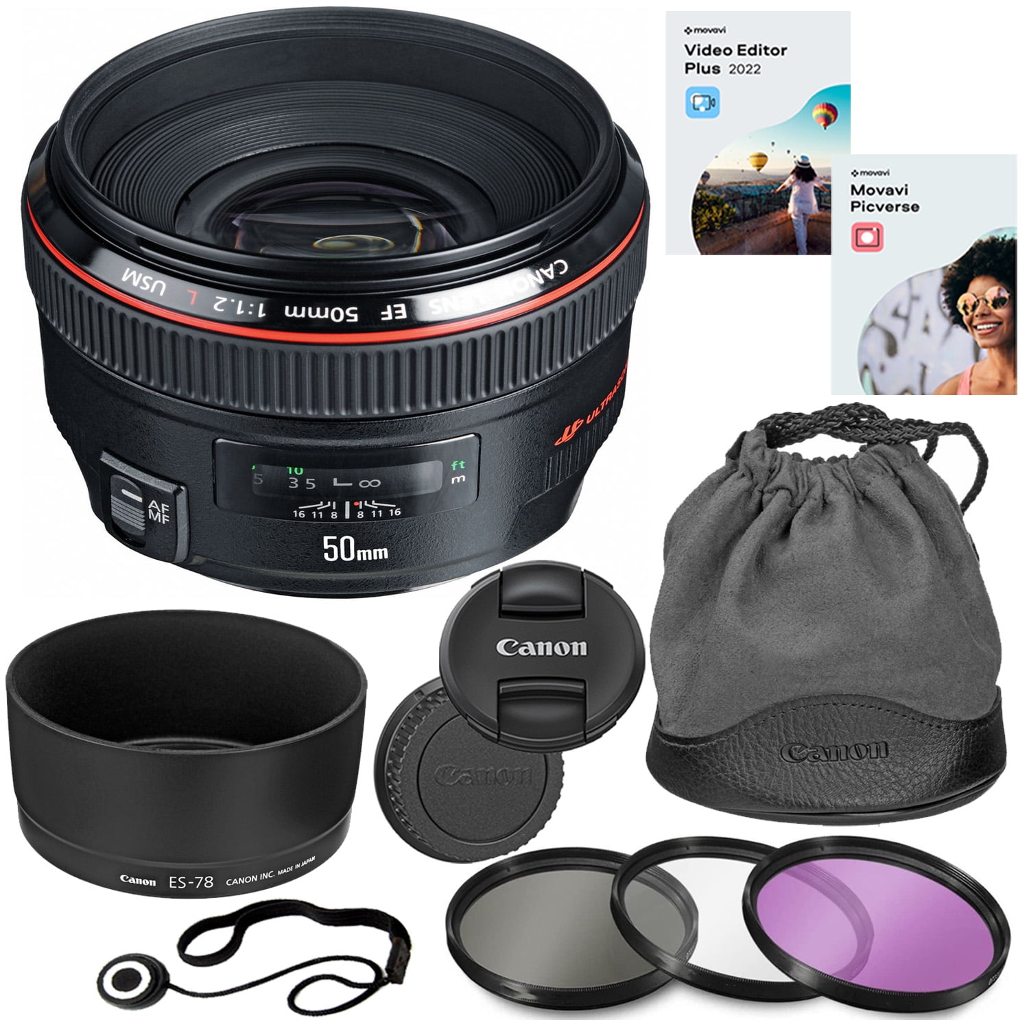 Canon EF 50mm f/1.2L USM Lens Bundle + HD Filter Kit + Lens Cap Keeper ...