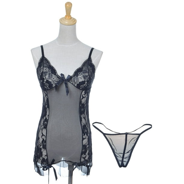 Feinuhan S M Womens 2 Piece Sexy Black Floral Lace Nightwear