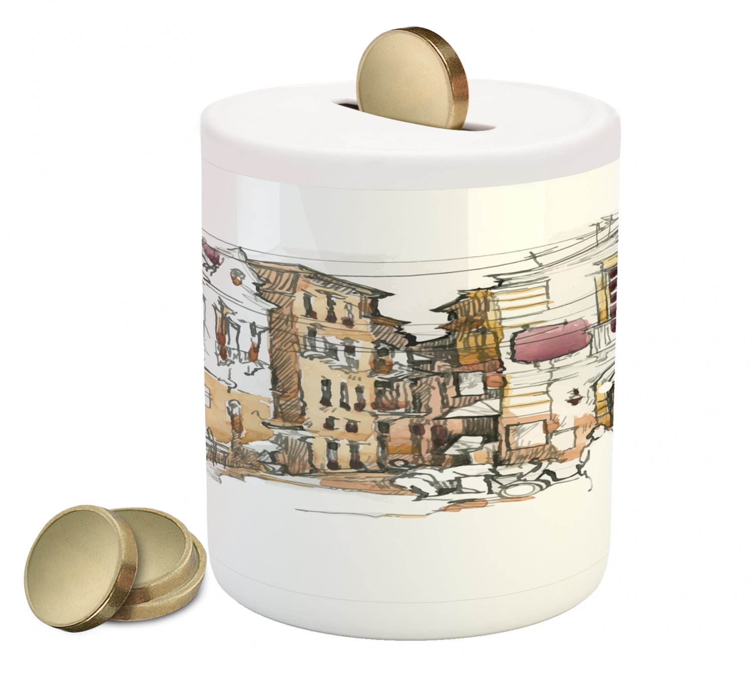 Modern Piggy Bank, Painting Sketchy Like Design with Street View Houses ...