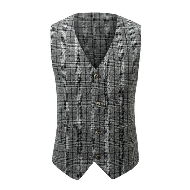 IROINNID Men's Sleeveless V-Neck Short Button Vest Plaid Casual Lattice ...