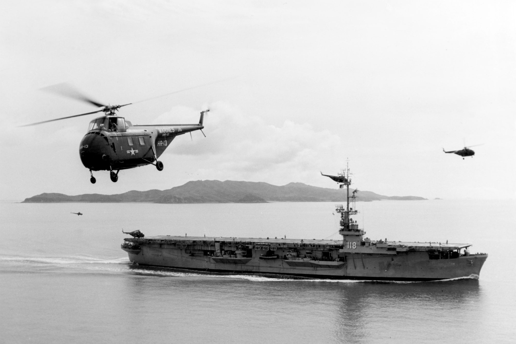 24x36 gallery poster, US Navy Sikorsky HO4S flying near USS Sicily ...
