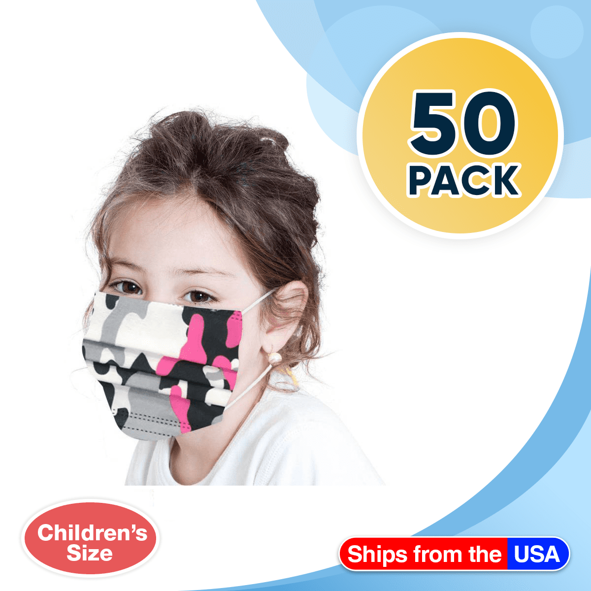 Disposable Kids Face Mask Child Size Camo Print Pleated 3 ply - 50 ...
