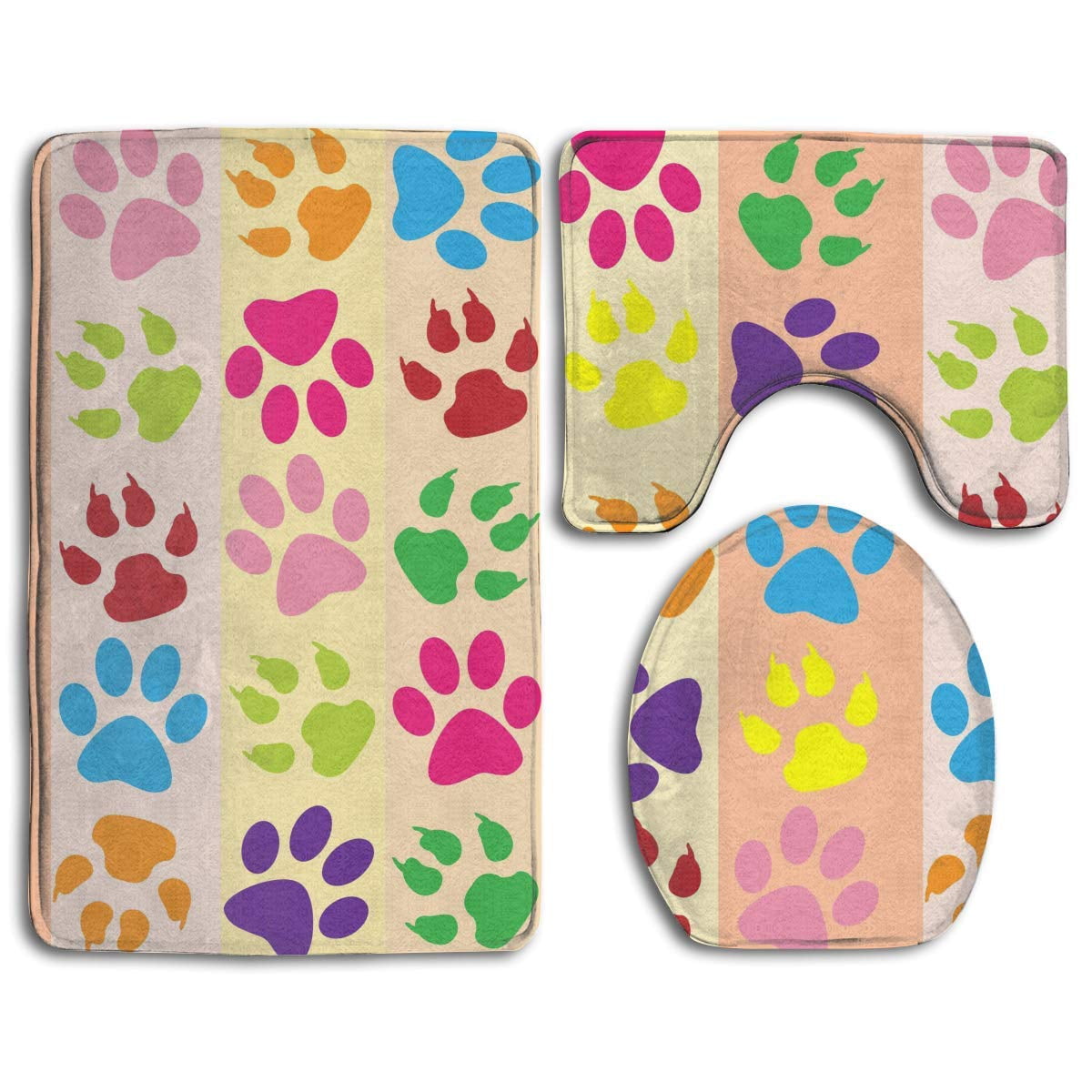 CHAPLLE Colorful Dog Paw 3 Piece Bathroom Rugs Set Bath Rug Contour Mat ...