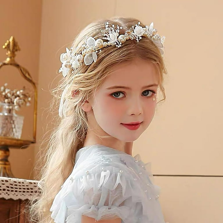 Wedding Hair Accessories for Kids Flower Girl Hair Accessory Princess Headpiece White Flower Headband Pearl for Girl and Flower Girls Bridal Wedding