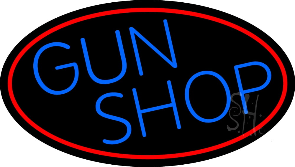Blue Gun Shop With Red Round LED Neon Sign 20 x 37 - inches, Black ...