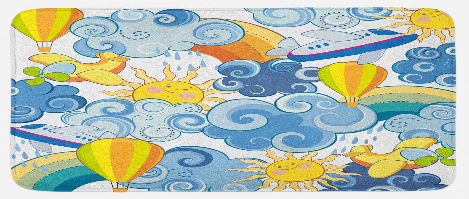 Sky Kitchen Mat, Theme Clouds Smiling Sun Airplanes and Balloons ...