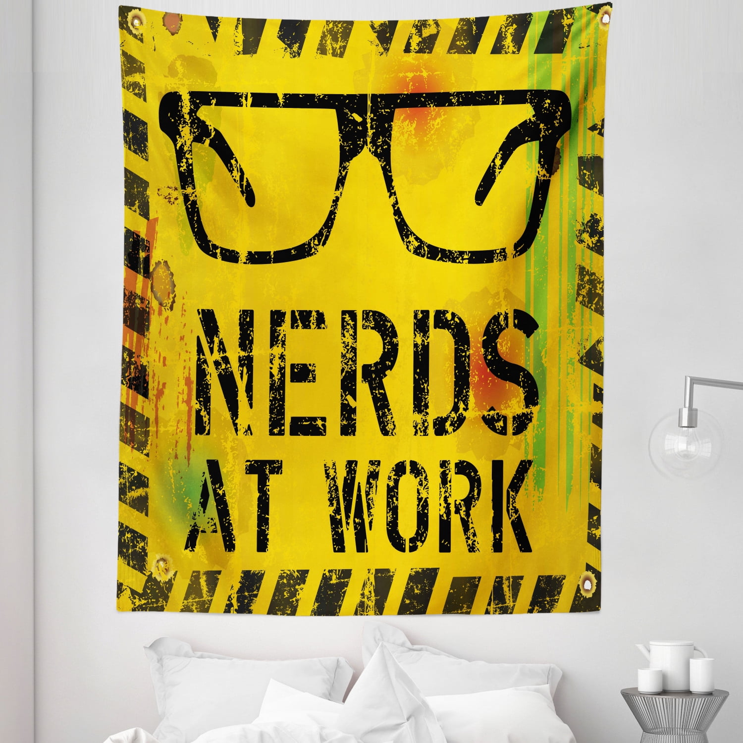 Retro Tapestry, Nerds at Work Grunge Fictional Sign Glasses Hazard ...