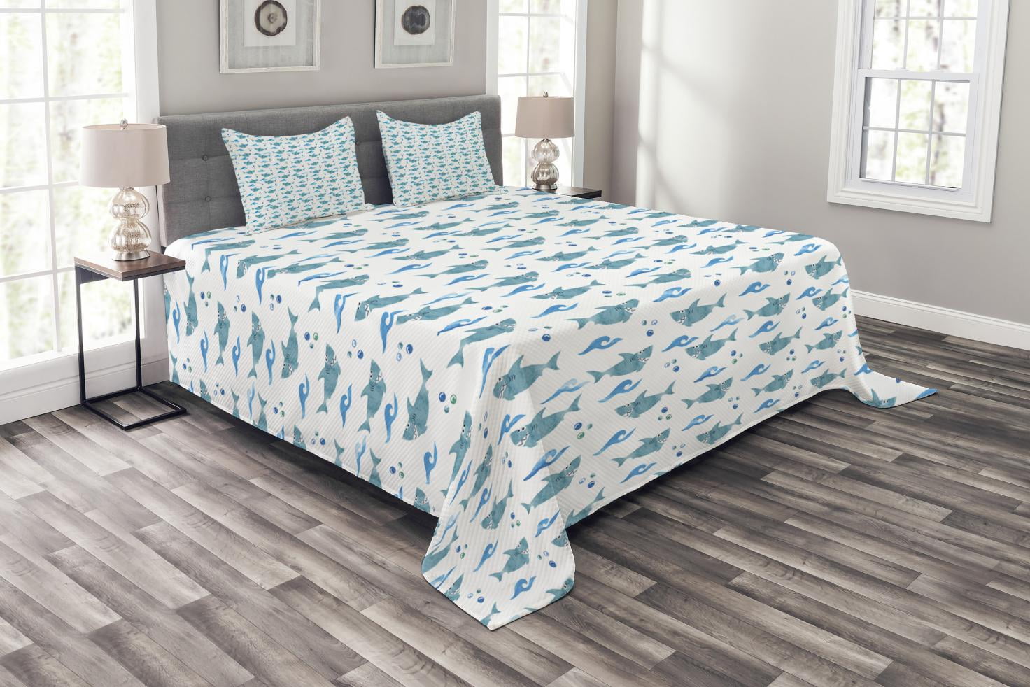 Shark Bedspread Set Queen Size, Watercolor Animals with Silly ...