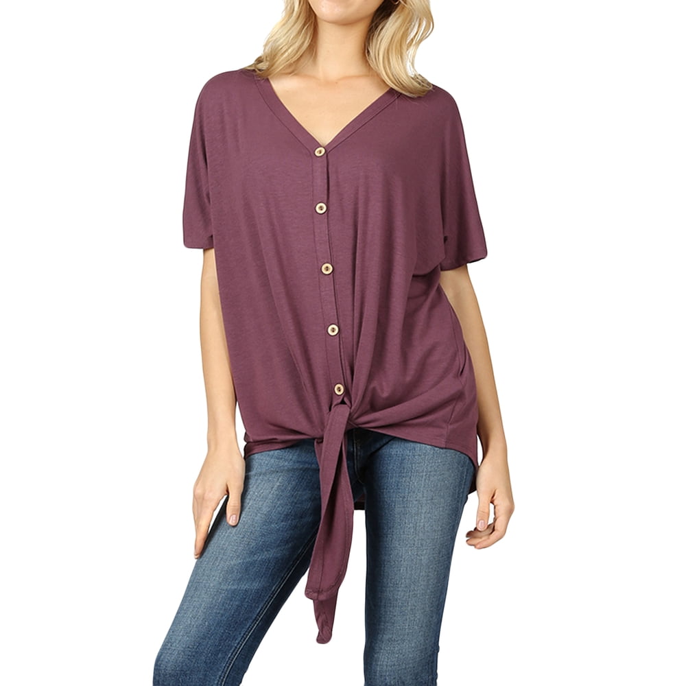 TheLovely - Women Short Sleeve V Neck Button Down T Shirts Tie Front ...