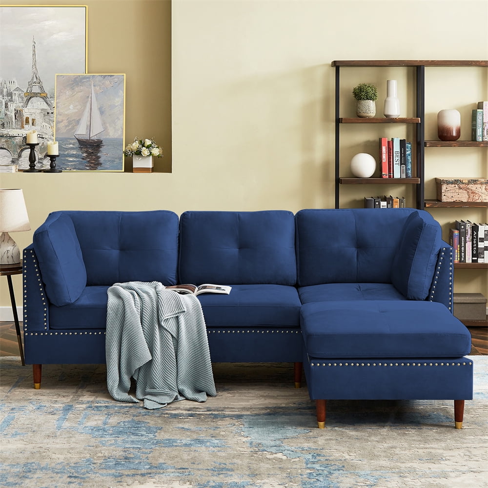 88.58" Sectional Sofa Couch with Ottoman, Modern Velvet Upholstered L ...