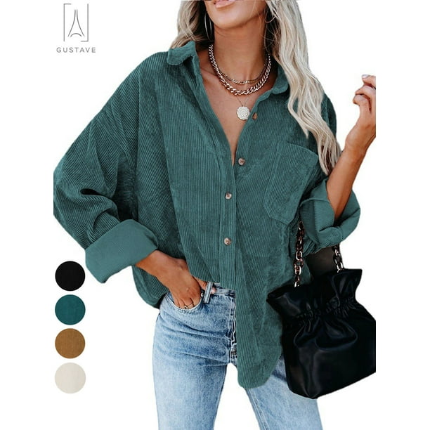 Gustave Womens Corduroy Button Down Boyfriend Shirts Long Sleeve ...