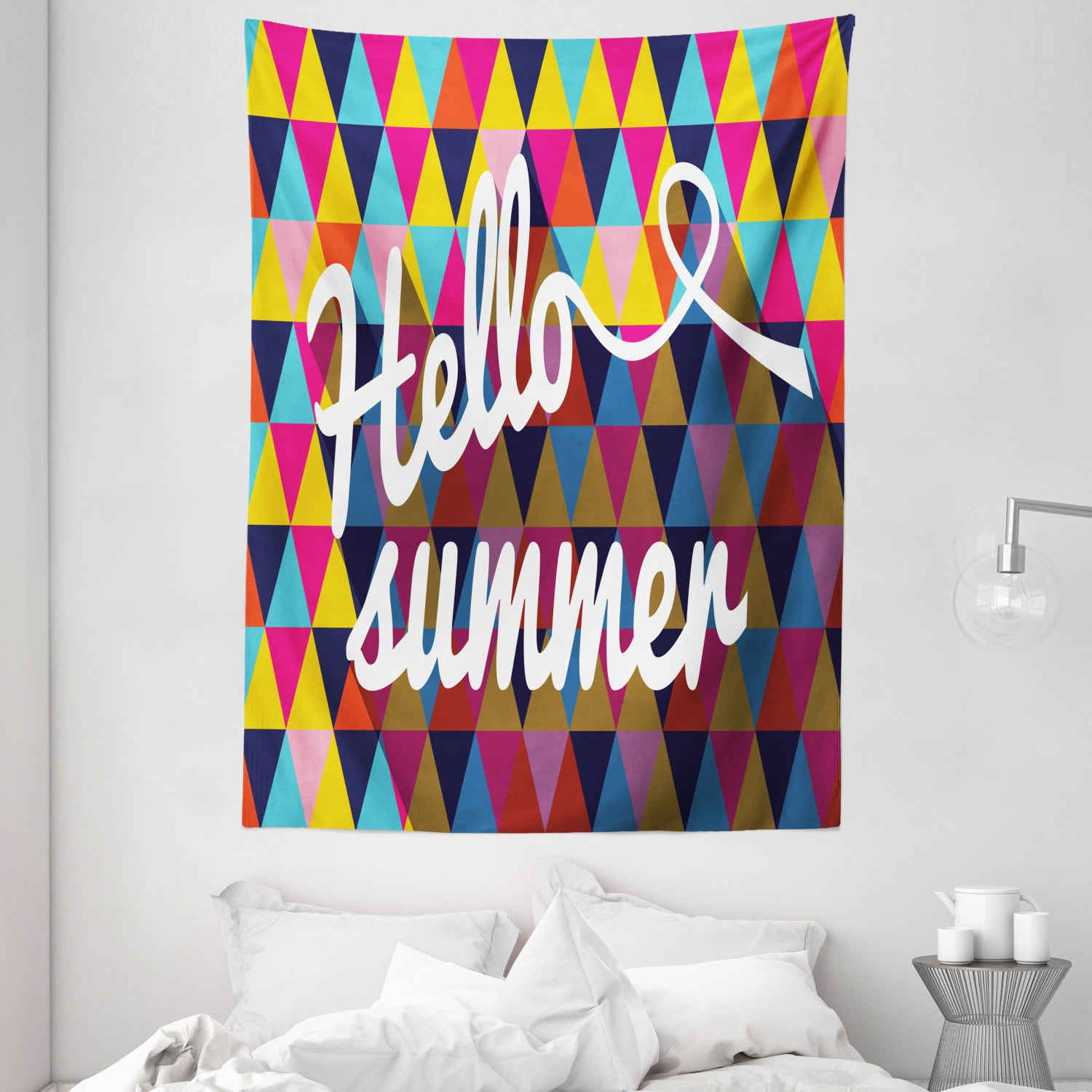 Hello Summer Tapestry, Geometrical Tiny Triangles Colorful Cursive and ...
